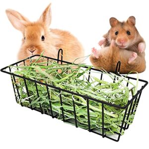 hay feeder for rabbit, guinea pig, bunny, chinchilla, heavy-duty metal frame hay feeder, small animal basket with hook metal grass holder black