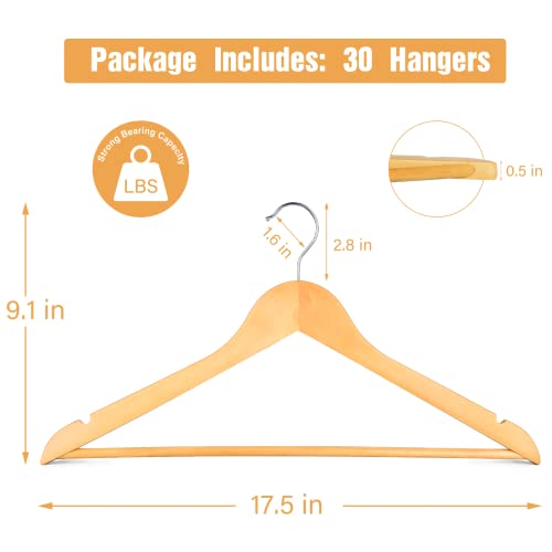 Wooden Hangers 30 Pack - Suit Hangers with 360-Degree Rotatable Hook - Smooth Natural Finish & Durable Wooden Coat Hangers - Heavy Duty Hangers for Clothes, Jacket, Shirt, Tank Top, Dress - Natural