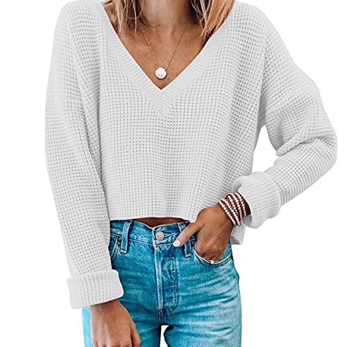 Women's Cropoed Sweaters V Neck Long Sleeve Waffle Knit Tops Casual Solid Crop Pullover Sweaters White M