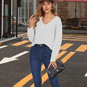 Women's Cropoed Sweaters V Neck Long Sleeve Waffle Knit Tops Casual Solid Crop Pullover Sweaters White M