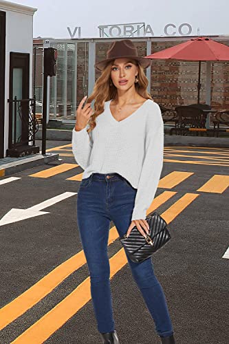 Women's Cropoed Sweaters V Neck Long Sleeve Waffle Knit Tops Casual Solid Crop Pullover Sweaters White M