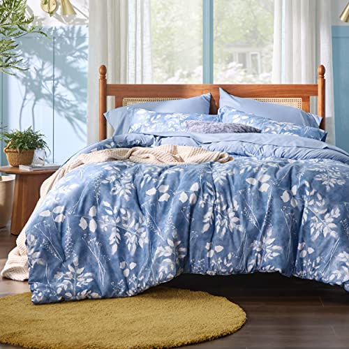 Bedsure Queen Comforter Set - 7 Pieces Blue Floral Bedding Sets Queen Bed in a Bag with Reversible Botanical Flowers Comforter, Sheets, Pillowcases & Shams