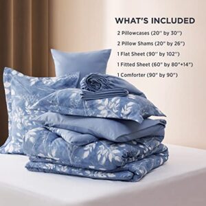 Bedsure Queen Comforter Set - 7 Pieces Blue Floral Bedding Sets Queen Bed in a Bag with Reversible Botanical Flowers Comforter, Sheets, Pillowcases & Shams