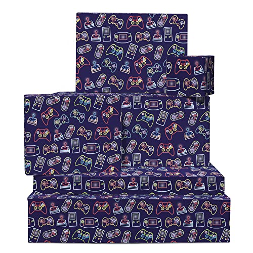 CENTRAL 23 Video Game Wrapping Paper - 6 Black Gift Wrap Sheets With Tags - Neon Lights Gamer - Boys Wrapping Paper - Recyclable