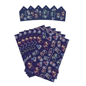 CENTRAL 23 Video Game Wrapping Paper - 6 Black Gift Wrap Sheets With Tags - Neon Lights Gamer - Boys Wrapping Paper - Recyclable