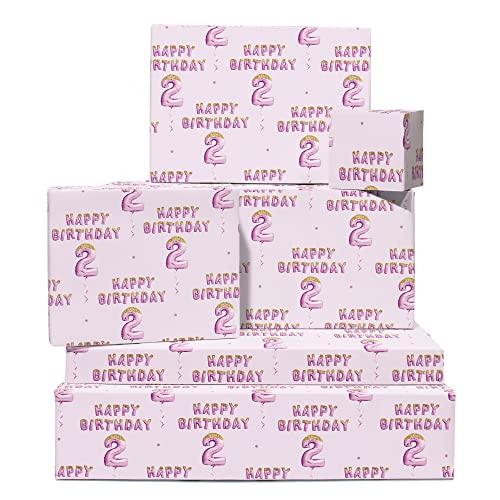 CENTRAL 23 Pink Wrapping Paper - 6 Sheets Wrapping Paper for Girls - 2 Years Old - Happy Birthday Wrapping Paper - Age Two - Comes With Stickers - Recyclable