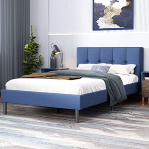 twin size upholstered platform bed frame with button tufted stitched headboard, fabric mattress foundation with metal wood slat support, no box spring needed, noise free design, easy assembly, blue