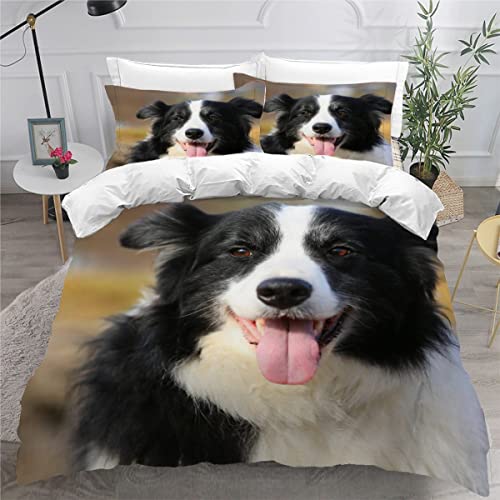 Quilt Cover Twin Size Border Collie 3D Bedding Sets Collie, Dog Duvet Cover Breathable Hypoallergenic Stain Wrinkle Resistant Microfiber with Zipper Closure,beding Set with 2 Pillowcase