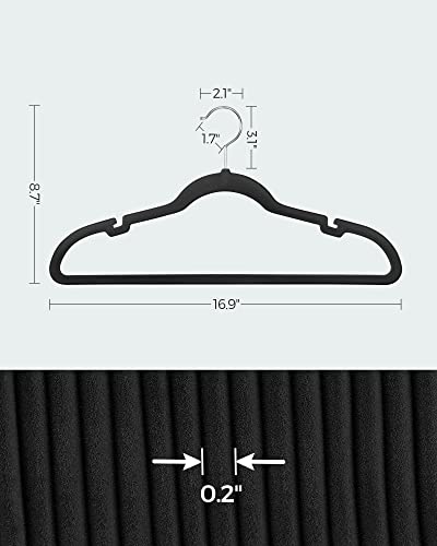 SONGMICS Velvet Hangers 50 Pack, Non-Slip Clothes Hangers, with Shoulder Notches, Pants Bar, 360° Swivel Hook, Space-Saving, for Closet, Black UCRF029B05