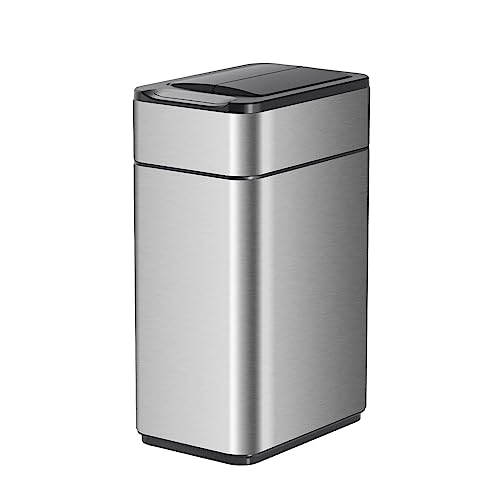 ELPHECO Bathroom Trash Can with Lid, 2.5 Gallon Automatic Trash Can, 9.5 L Stainless Steel Kitchen Trash Can, Motion Sensor Trash Can, Butterfly Lid, 2 AA Batteries (Excluded), Silver