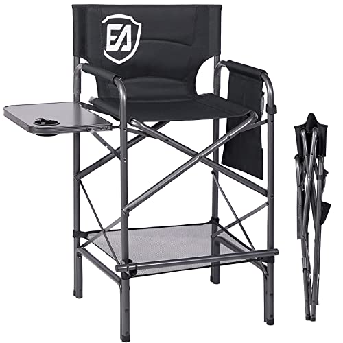 EVER ADVANCED 30.7" Seat Height Directors Chair Folding Bar Stool Tall Foldable Chair for Makeup Artist with Side Table Cup Holder Easy Get in Out for Elderly Camping Chair Supports 350LBS(Black)