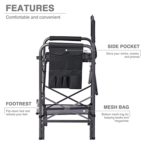 EVER ADVANCED 30.7" Seat Height Directors Chair Folding Bar Stool Tall Foldable Chair for Makeup Artist with Side Table Cup Holder Easy Get in Out for Elderly Camping Chair Supports 350LBS(Black)