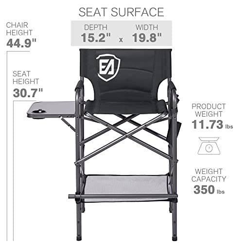 EVER ADVANCED 30.7" Seat Height Directors Chair Folding Bar Stool Tall Foldable Chair for Makeup Artist with Side Table Cup Holder Easy Get in Out for Elderly Camping Chair Supports 350LBS(Black)