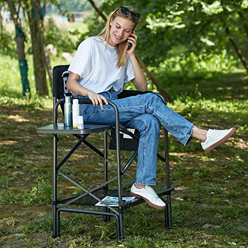 EVER ADVANCED 30.7" Seat Height Directors Chair Folding Bar Stool Tall Foldable Chair for Makeup Artist with Side Table Cup Holder Easy Get in Out for Elderly Camping Chair Supports 350LBS(Black)