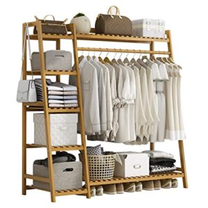 baveke bamboo garment rack 7 tier storage shelves coat clothes hanging rack, heavy duty rack portable wardrobe closet organizer with top shelf, shoe clothing storage organizer shelves for bedroom