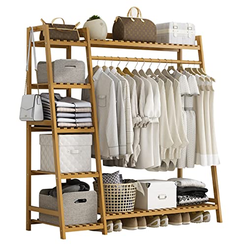 Baveke Bamboo Garment Rack 7 Tier Storage Shelves Coat Clothes Hanging Rack, Heavy Duty Rack Portable Wardrobe Closet Organizer With Top Shelf, Shoe Clothing Storage Organizer Shelves for Bedroom