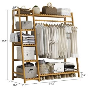 Baveke Bamboo Garment Rack 7 Tier Storage Shelves Coat Clothes Hanging Rack, Heavy Duty Rack Portable Wardrobe Closet Organizer With Top Shelf, Shoe Clothing Storage Organizer Shelves for Bedroom