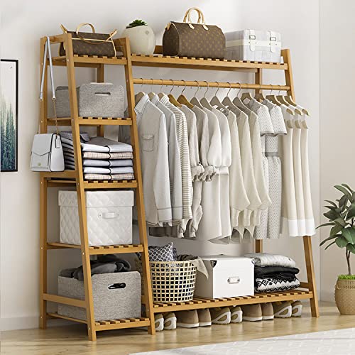 Baveke Bamboo Garment Rack 7 Tier Storage Shelves Coat Clothes Hanging Rack, Heavy Duty Rack Portable Wardrobe Closet Organizer With Top Shelf, Shoe Clothing Storage Organizer Shelves for Bedroom