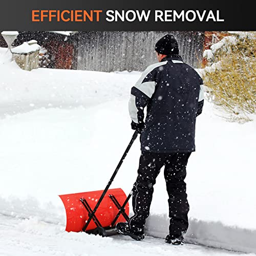 Aomedeelf Snow Shovel for Driveway, Heavy Duty Metal Snow Shovels with Wheels for Snow Removal, Adjustable Handle 30-'' Wheeled Snow Pusher for Driveway, Doorway, Sidewalks, Black & Red