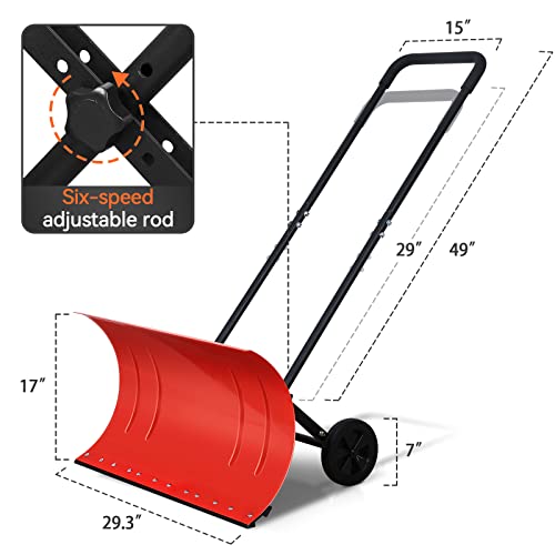 Aomedeelf Snow Shovel for Driveway, Heavy Duty Metal Snow Shovels with Wheels for Snow Removal, Adjustable Handle 30-'' Wheeled Snow Pusher for Driveway, Doorway, Sidewalks, Black & Red