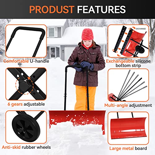 Aomedeelf Snow Shovel for Driveway, Heavy Duty Metal Snow Shovels with Wheels for Snow Removal, Adjustable Handle 30-'' Wheeled Snow Pusher for Driveway, Doorway, Sidewalks, Black & Red