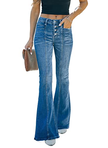 EVALESS Bell Bottom Jeans for Women High Waisted Button Fly Wide Leg Denim Flare Pants Blue 4