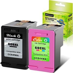 greencycle remanufactured 60 xl ink cartridge replacement for hp 60xl cc641wn cc644wn compatible for envy 100 d410a d410b photosmart c4635 c4680c4700 deskjet d2500 d2545 printer (1 black,1 color)