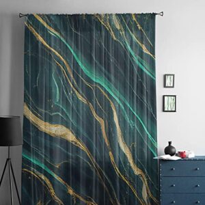 Marble Emerald Green Semi Sheer Curtains Drapes for Living Room, Bedroom, French Doors Window 54 Inches Long, Modern Abstract Gold Art Rod Pocket Chiffon Curtain Drapery Voile Draperies Panel