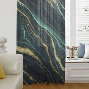 Marble Emerald Green Semi Sheer Curtains Drapes for Living Room, Bedroom, French Doors Window 54 Inches Long, Modern Abstract Gold Art Rod Pocket Chiffon Curtain Drapery Voile Draperies Panel