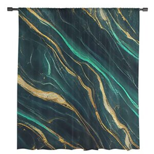 Marble Emerald Green Semi Sheer Curtains Drapes for Living Room, Bedroom, French Doors Window 54 Inches Long, Modern Abstract Gold Art Rod Pocket Chiffon Curtain Drapery Voile Draperies Panel