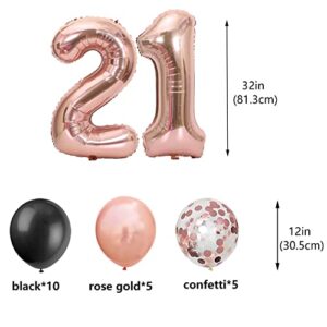 21st Birthday Decorations For Her, Black Rose Gold 21st Happy Birthday Birthday Banner Jumbo Number 21 Star Foil Balloons Latex Confetti Balloon for Girl Her 21 Years Old Birthday Party(21st)