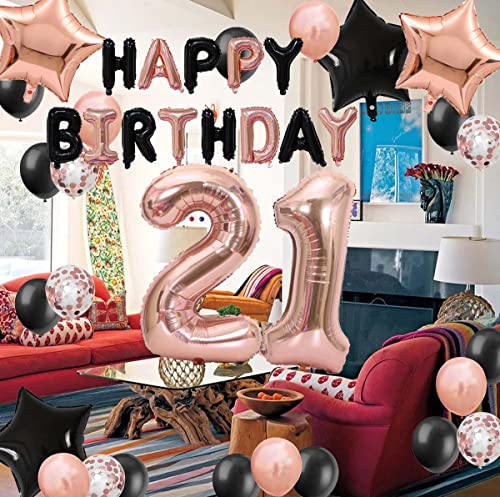 21st Birthday Decorations For Her, Black Rose Gold 21st Happy Birthday Birthday Banner Jumbo Number 21 Star Foil Balloons Latex Confetti Balloon for Girl Her 21 Years Old Birthday Party(21st)