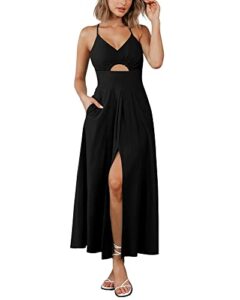 btfbm women 2023 summer spaghetti strap dress sleeveless v neck cutout slit casual beach party maxi dresses with pockets(solid black, x-large)