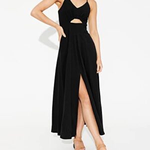 BTFBM Women 2023 Summer Spaghetti Strap Dress Sleeveless V Neck Cutout Slit Casual Beach Party Maxi Dresses with Pockets(Solid Black, X-Large)