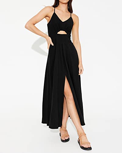 BTFBM Women 2023 Summer Spaghetti Strap Dress Sleeveless V Neck Cutout Slit Casual Beach Party Maxi Dresses with Pockets(Solid Black, X-Large)