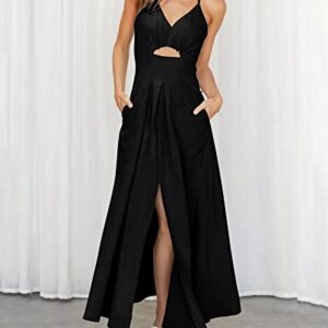 BTFBM Women 2023 Summer Spaghetti Strap Dress Sleeveless V Neck Cutout Slit Casual Beach Party Maxi Dresses with Pockets(Solid Black, X-Large)