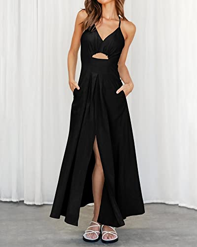 BTFBM Women 2023 Summer Spaghetti Strap Dress Sleeveless V Neck Cutout Slit Casual Beach Party Maxi Dresses with Pockets(Solid Black, X-Large)