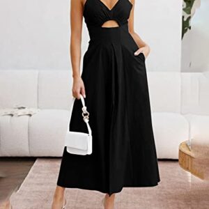 BTFBM Women 2023 Summer Spaghetti Strap Dress Sleeveless V Neck Cutout Slit Casual Beach Party Maxi Dresses with Pockets(Solid Black, X-Large)