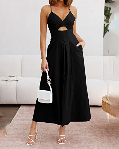 BTFBM Women 2023 Summer Spaghetti Strap Dress Sleeveless V Neck Cutout Slit Casual Beach Party Maxi Dresses with Pockets(Solid Black, X-Large)