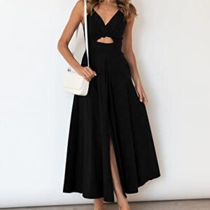 BTFBM Women 2023 Summer Spaghetti Strap Dress Sleeveless V Neck Cutout Slit Casual Beach Party Maxi Dresses with Pockets(Solid Black, X-Large)