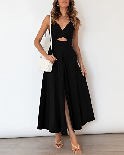 BTFBM Women 2023 Summer Spaghetti Strap Dress Sleeveless V Neck Cutout Slit Casual Beach Party Maxi Dresses with Pockets(Solid Black, X-Large)