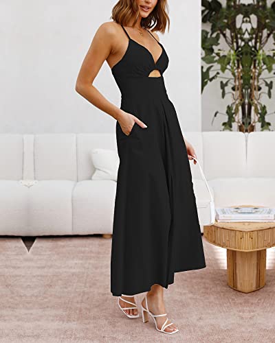 BTFBM Women 2023 Summer Spaghetti Strap Dress Sleeveless V Neck Cutout Slit Casual Beach Party Maxi Dresses with Pockets(Solid Black, X-Large)