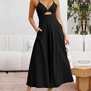 BTFBM Women 2023 Summer Spaghetti Strap Dress Sleeveless V Neck Cutout Slit Casual Beach Party Maxi Dresses with Pockets(Solid Black, X-Large)