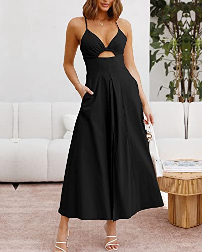 BTFBM Women 2023 Summer Spaghetti Strap Dress Sleeveless V Neck Cutout Slit Casual Beach Party Maxi Dresses with Pockets(Solid Black, X-Large)