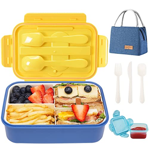 Gere Bento Box,1400 ML, Lunch Box With Spoon & Fork, Comes with Insulated Lunch Bags - Durable Perfect Size for On-the-Go Meal, Microwave Dishwasher Safe (Blue)