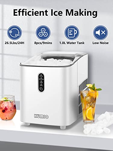 KUMIO Ice Makers Countertop, Portable Ice Maker with Self-Cleaning, 8 Cubes/9 Mins, 26.5Lbs/24Hrs, Ice Machine with Scoop and Basket, 2 Sizes of Bullet Ice for Home Office Bar Party