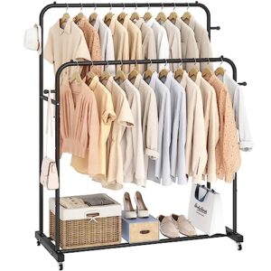 laiensia double rods garment rack with wheels, clothing rack for hanging clothes,4 hooks, multi-functional bedroom clothes rack, black