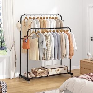 Laiensia Double Rods Garment Rack with Wheels, Clothing Rack for Hanging Clothes,4 Hooks, Multi-functional Bedroom Clothes Rack, Black