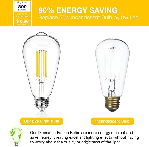 DAYBETTER Vintage LED Edison Bulbs 60 Watt Equivalent, ST58 Antique LED Filament Light Bulbs, Dimmable Led Bulb with E26 Medium Base, Warm White 2700K, Brightness 8W, 800LM, Clear Glass, 3 Packs