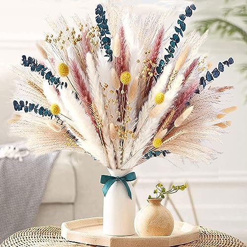 115pcs Dried Pampas Grass - Natural Pompas Grass Boho Dried Flowers Bouquet , DIY Short Pampas Grass Artistic Home Decor for Wedding Floral Arrangements and Bedroom